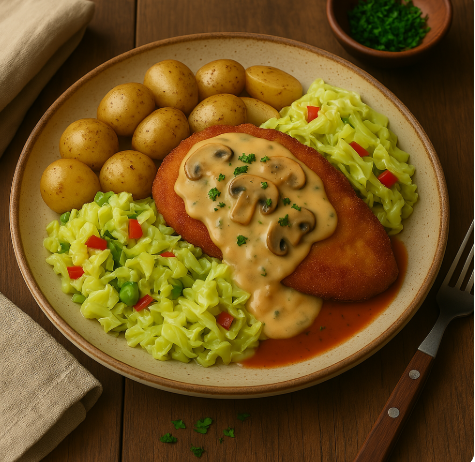 Kip schnitzel met paddenstoelensaus, spitskool en gebakken krieltjes ...